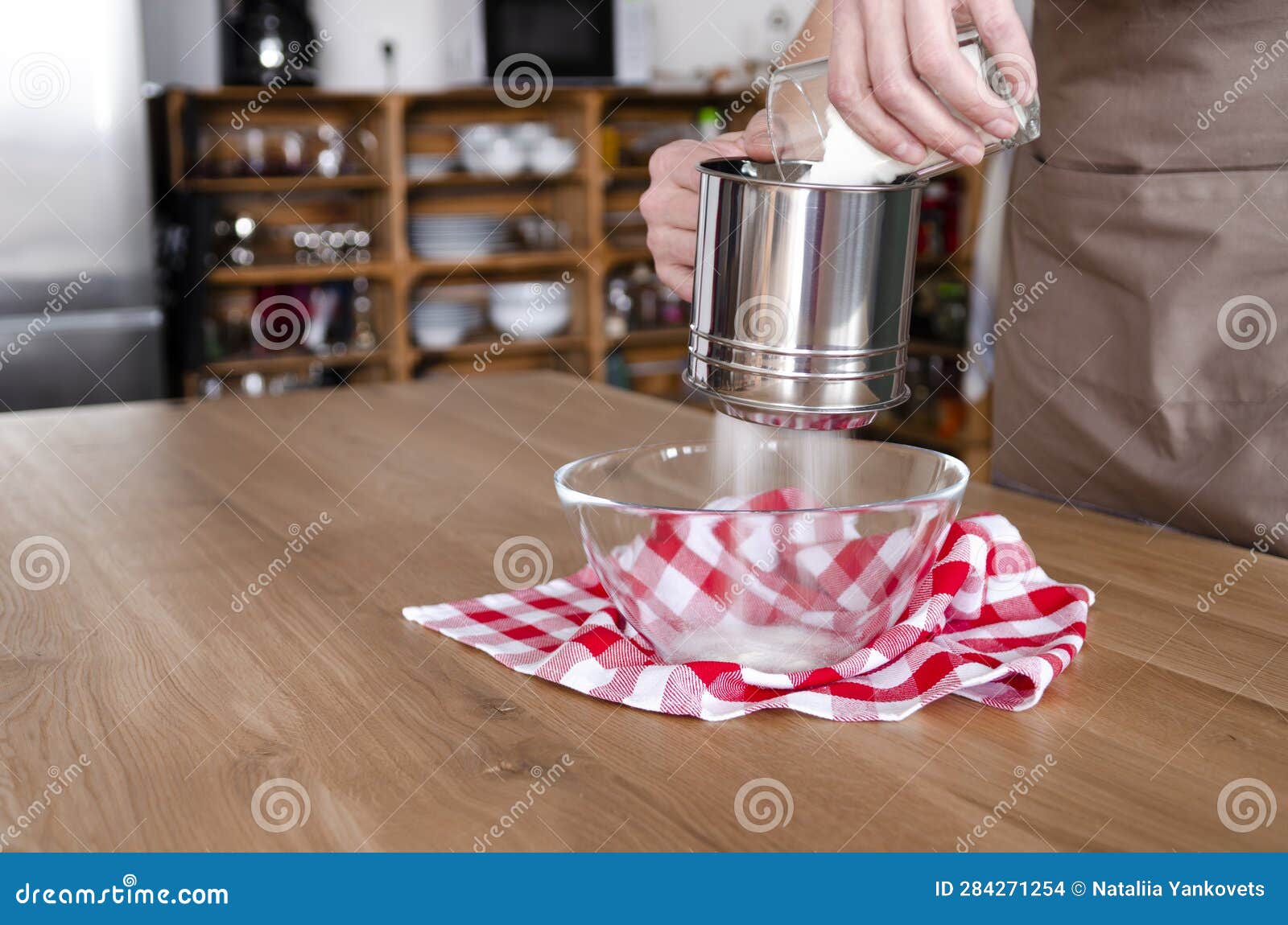Sifting Flour through Cup-sieve. Kitchen Content Stock Photo - Image of ...