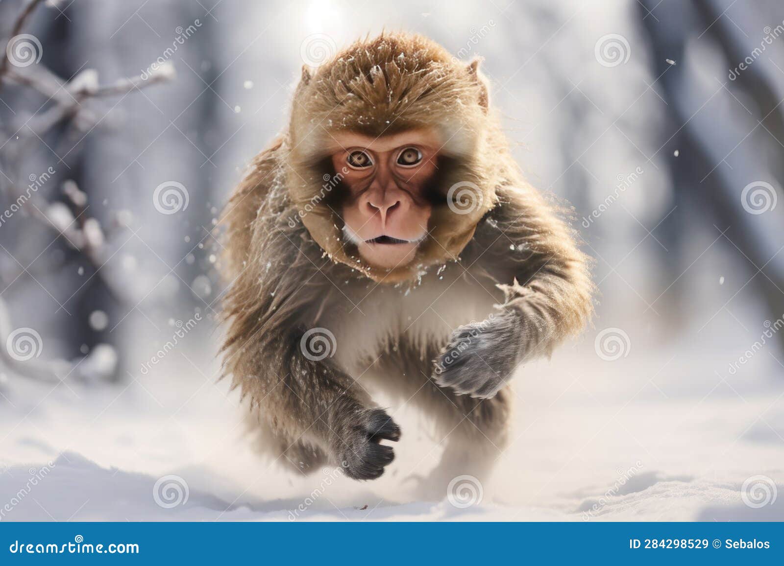 The Sight of a Monkey Running in a Forest Covered in Snow Stock ...