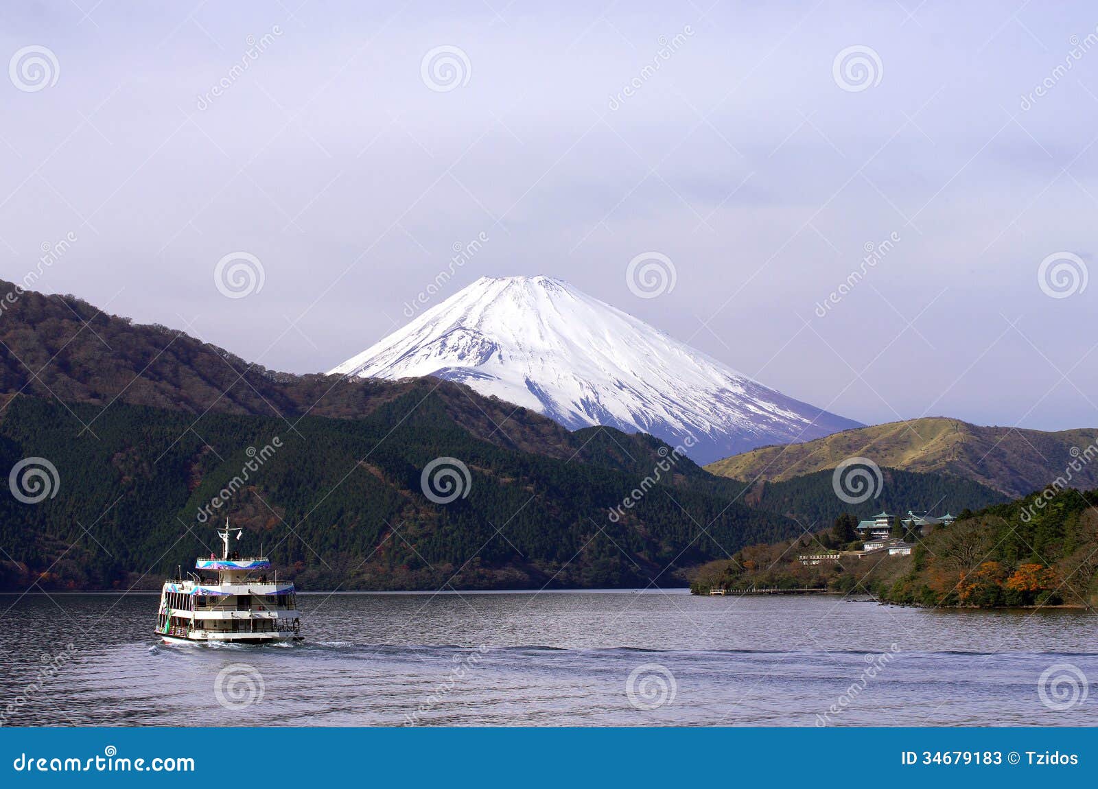 Sight Seeing Ship on Hakone Lake with Fuji Mountain Background, Stock ...