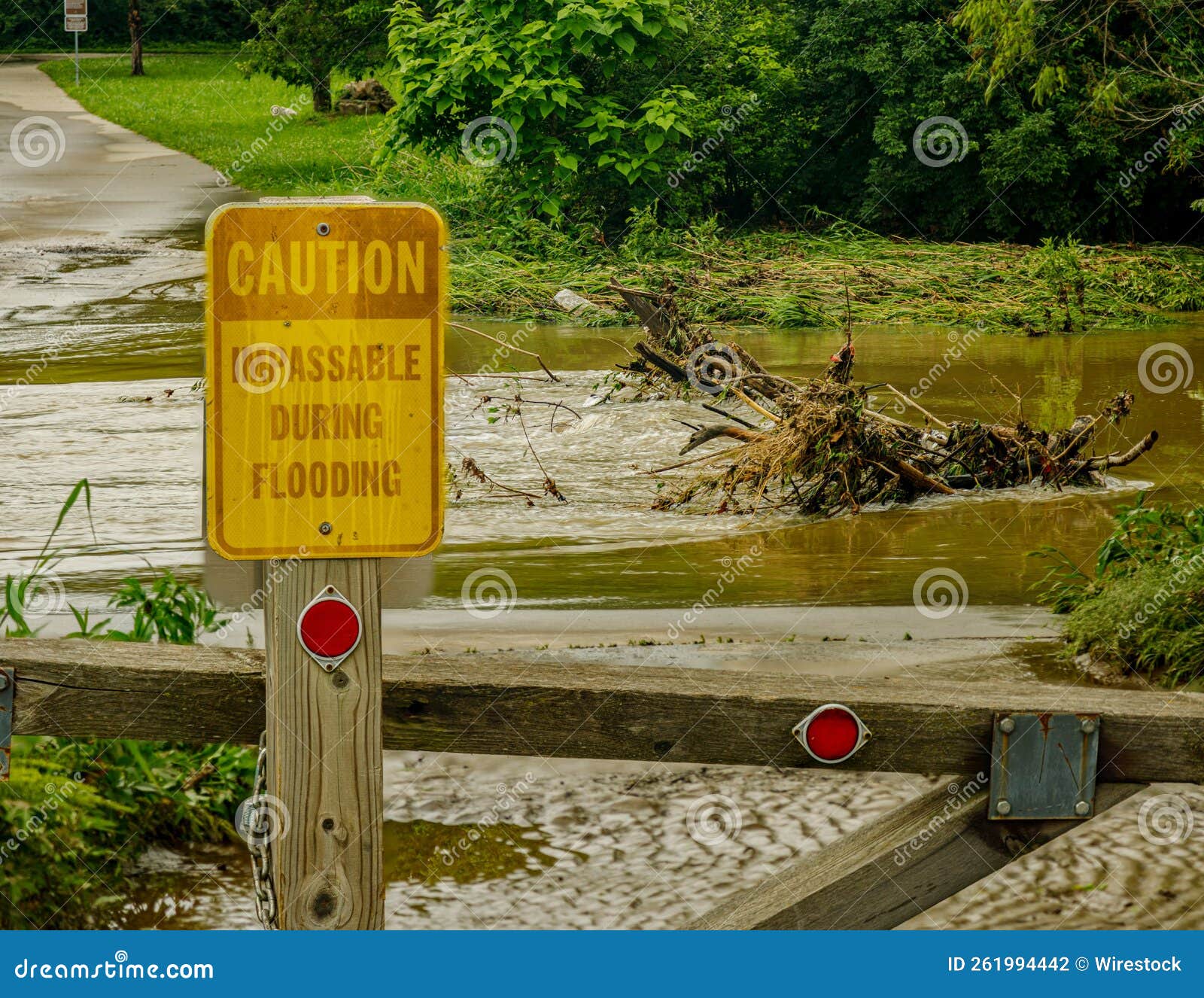 Sign with a Caution IMPOSSIBLE during FLOODING in the Park in Flooded ...