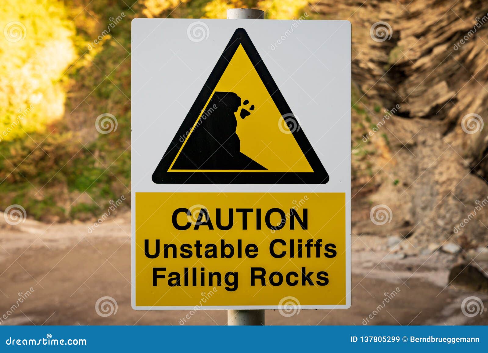 Sign: Caution, Unstable Cliffs Falling Rocks Stock Image - Image of ...