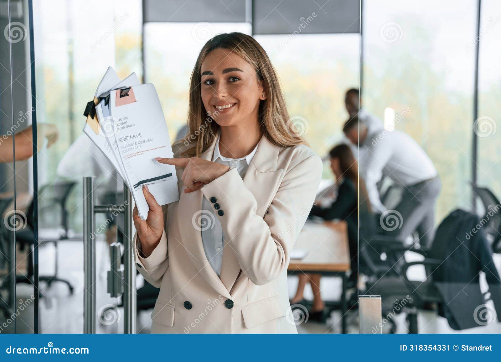 Sign Contract Here, Woman is with Document. Group of Office Workers are ...