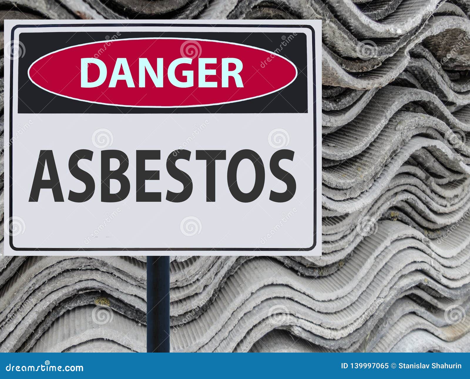 Sign Danger Asbestos and a Stack of Sheets Roof of Asbestos. Stock ...