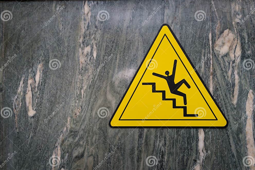 Sign of Danger of Falling Stairs Slip Warning Caution on Marble Stock ...