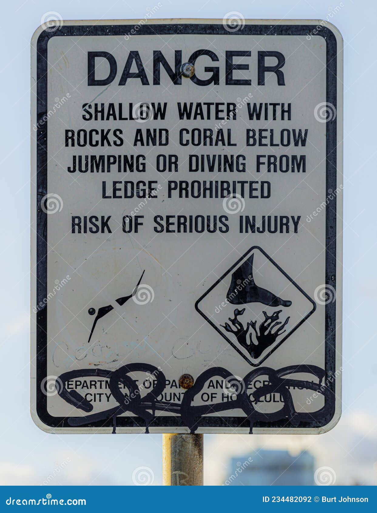 Sign - Danger Shallow Water Risk of Serious Injury Stock Photo - Image ...