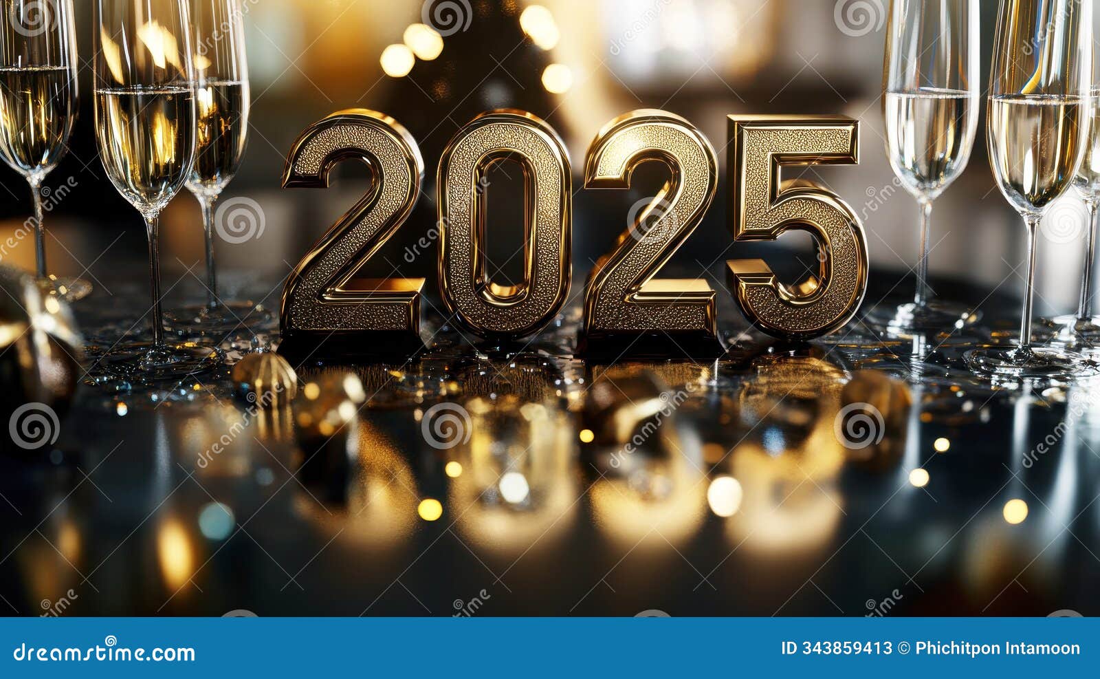 2025 Sign in Gold Color Text with Glasses of Champagne on a Dark ...