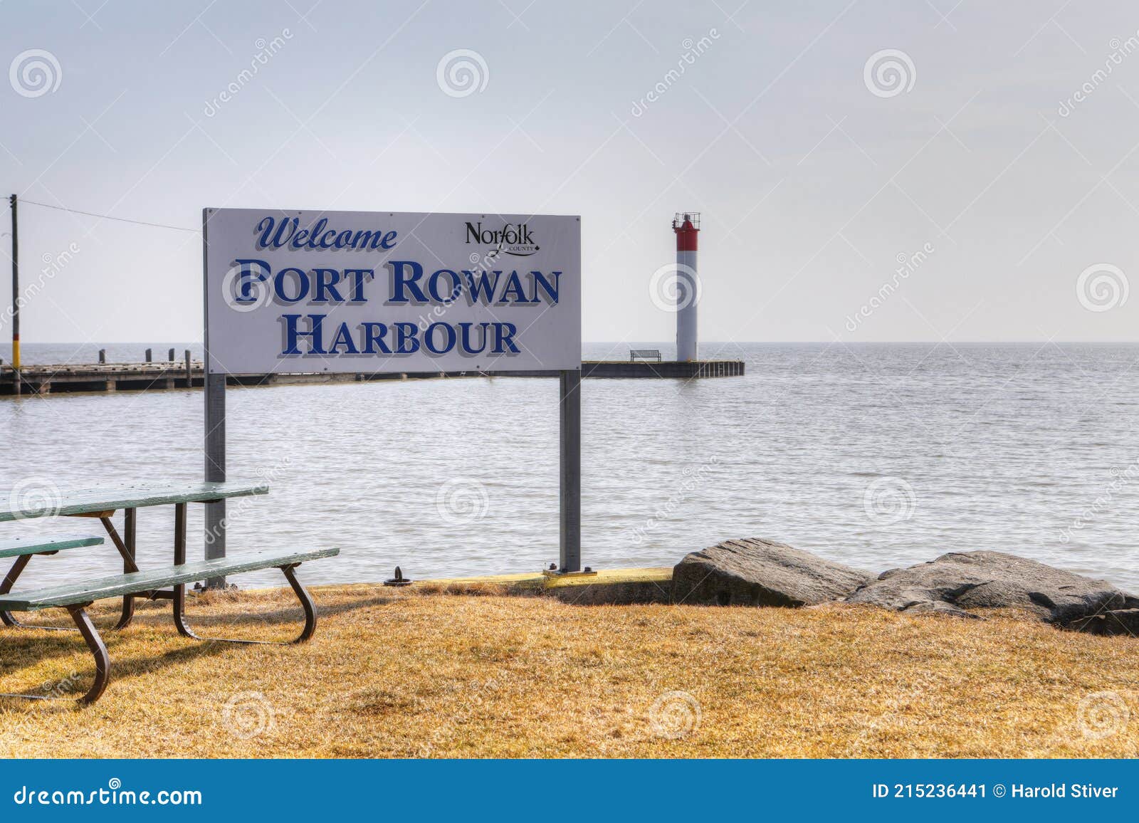 Sign and Harbor Light in Port Rowan, Ontario, Canada Stock Image ...