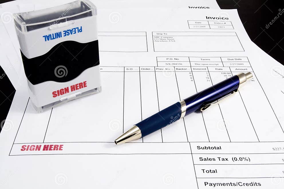 Sign Here Stamp on Invoice stock photo. Image of received - 8360126