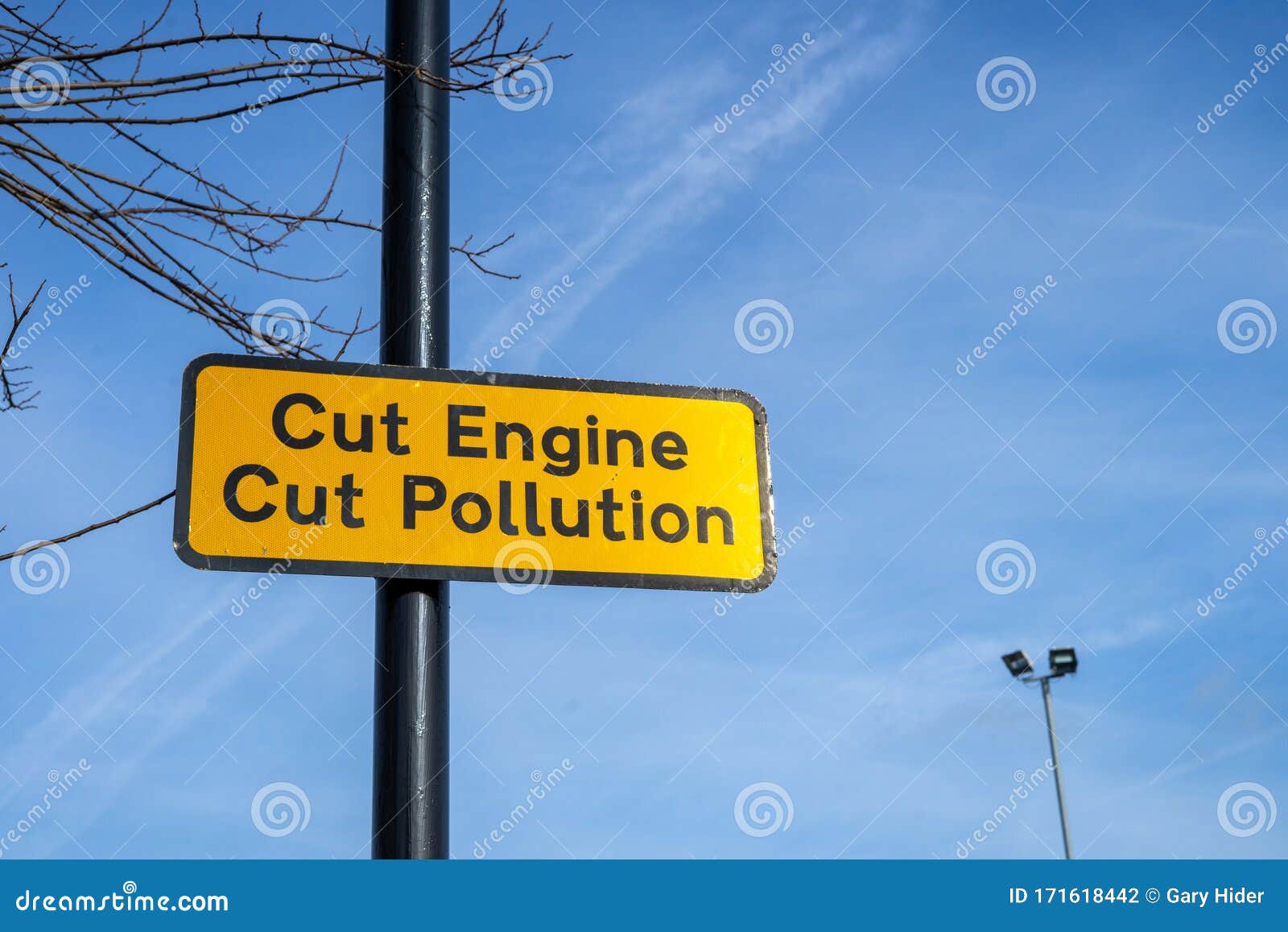 A Sign on a Lamppost Reading Cut Engine Cut Pollution Stock Photo ...