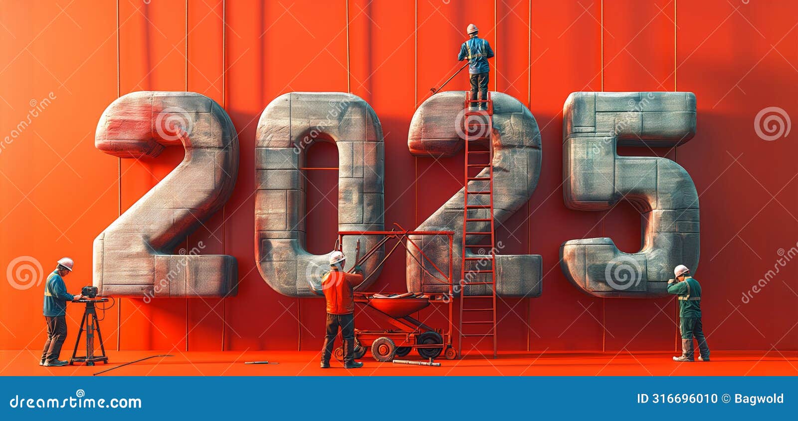 2025 Sign Large Numbers on a Red Wall with Workers Stock Illustration ...