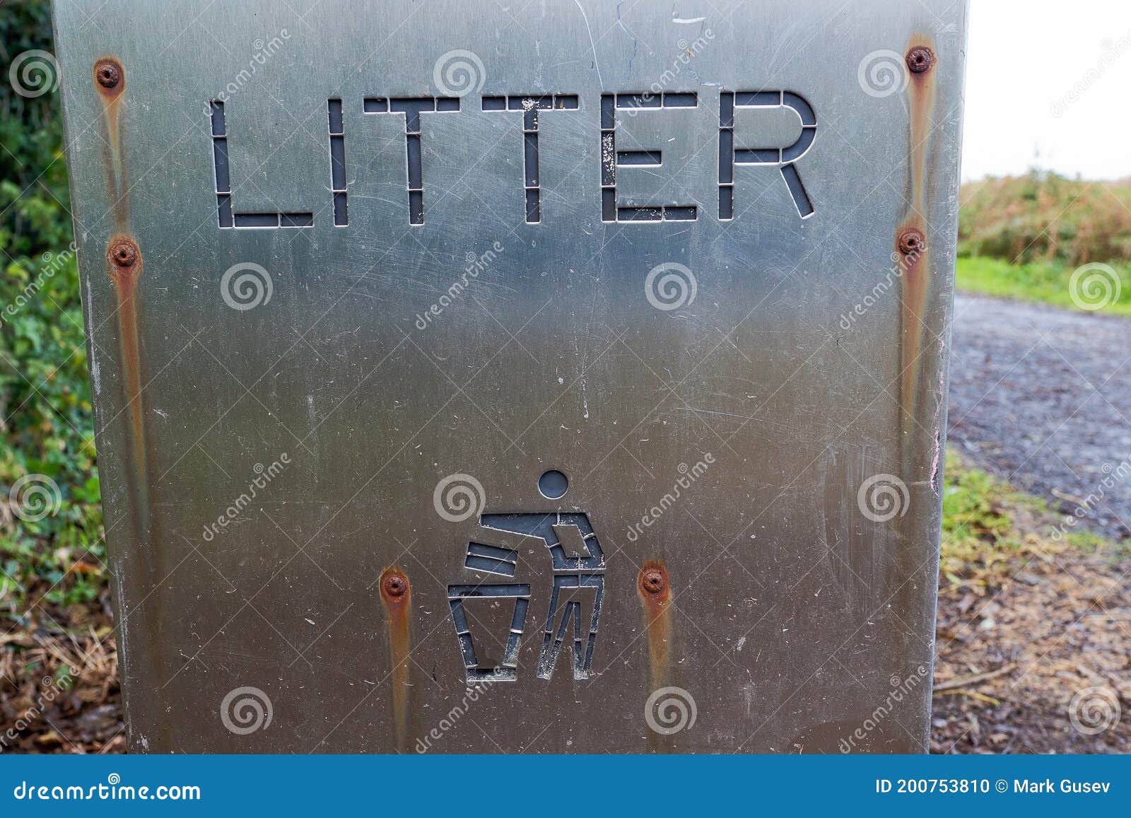 Sign Litter and Symbol of a Man Putting Rubbish in a Bin on a Metal ...