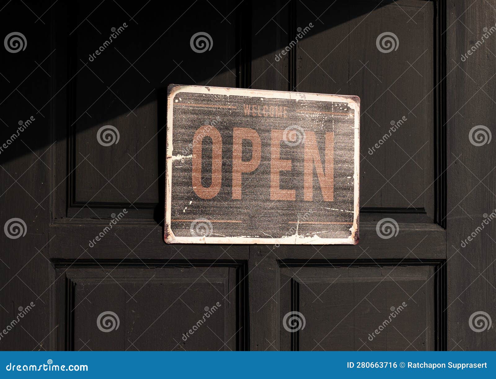 Sign with Message Welcome OPEN on Black Wooden Door Stock Photo - Image ...