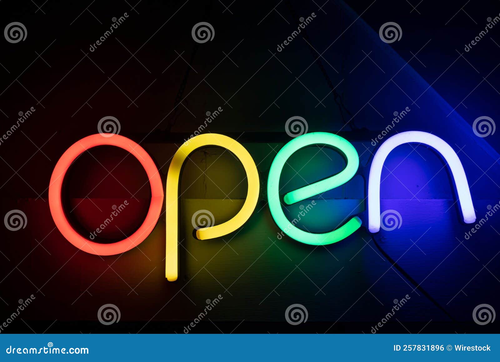 Sign OPEN with Colorful Laser Lights Stock Photo - Image of blur, sound ...