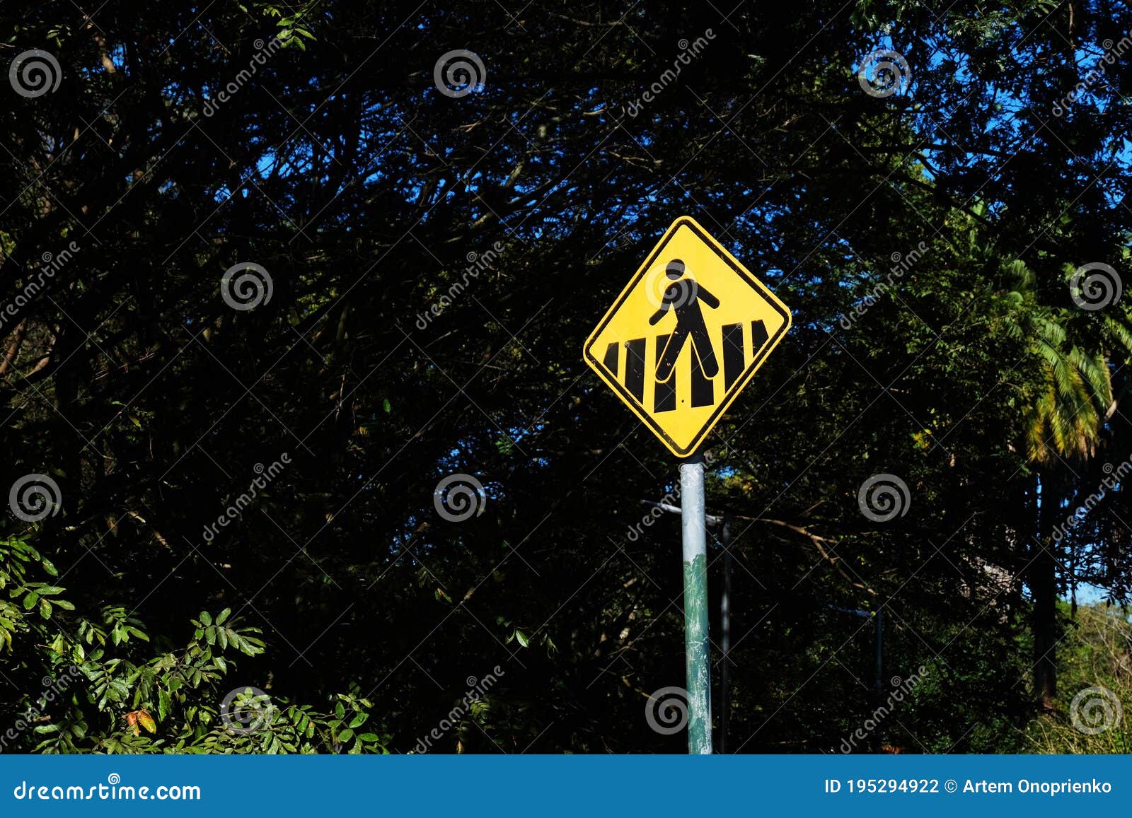 Sign Pedestrian Crossing at the Park in Front of Trees Stock Photo ...