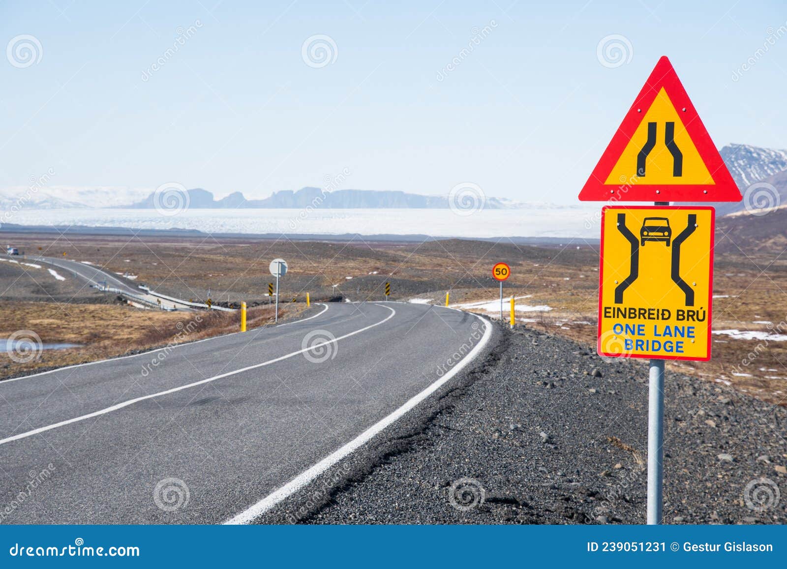 Sign on a Road Telling that Ahead There is a Single Lane Bridge Stock ...