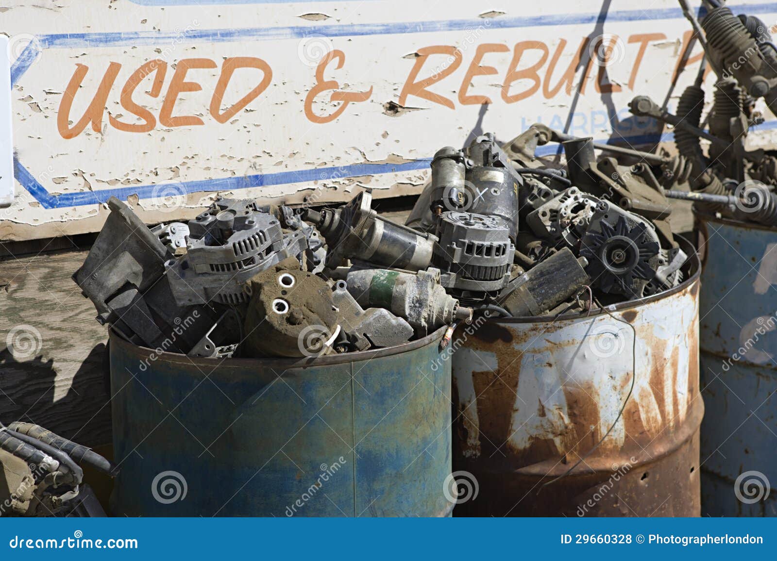 Sign and Rusty Barrels in Junkyard Stock Photo - Image of broken ...