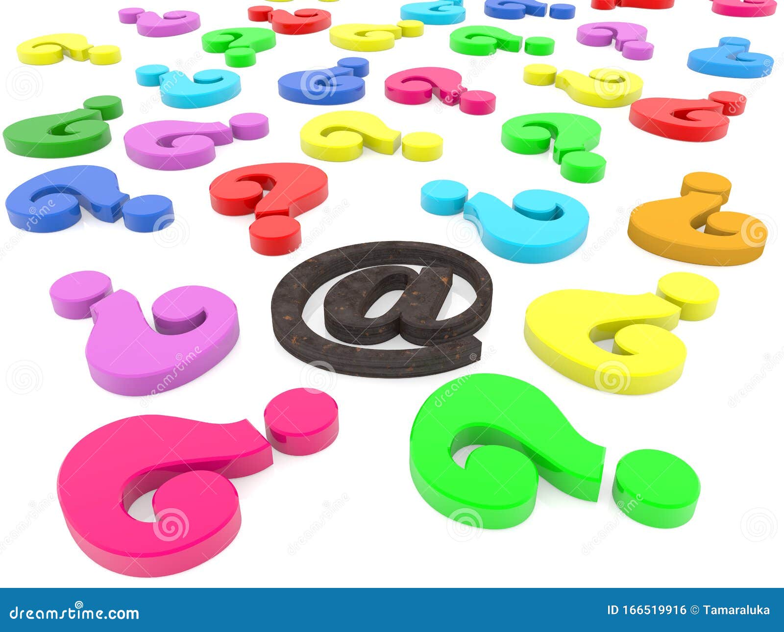 At Sign in Rusty Metal between Different Color Question Marks on White ...