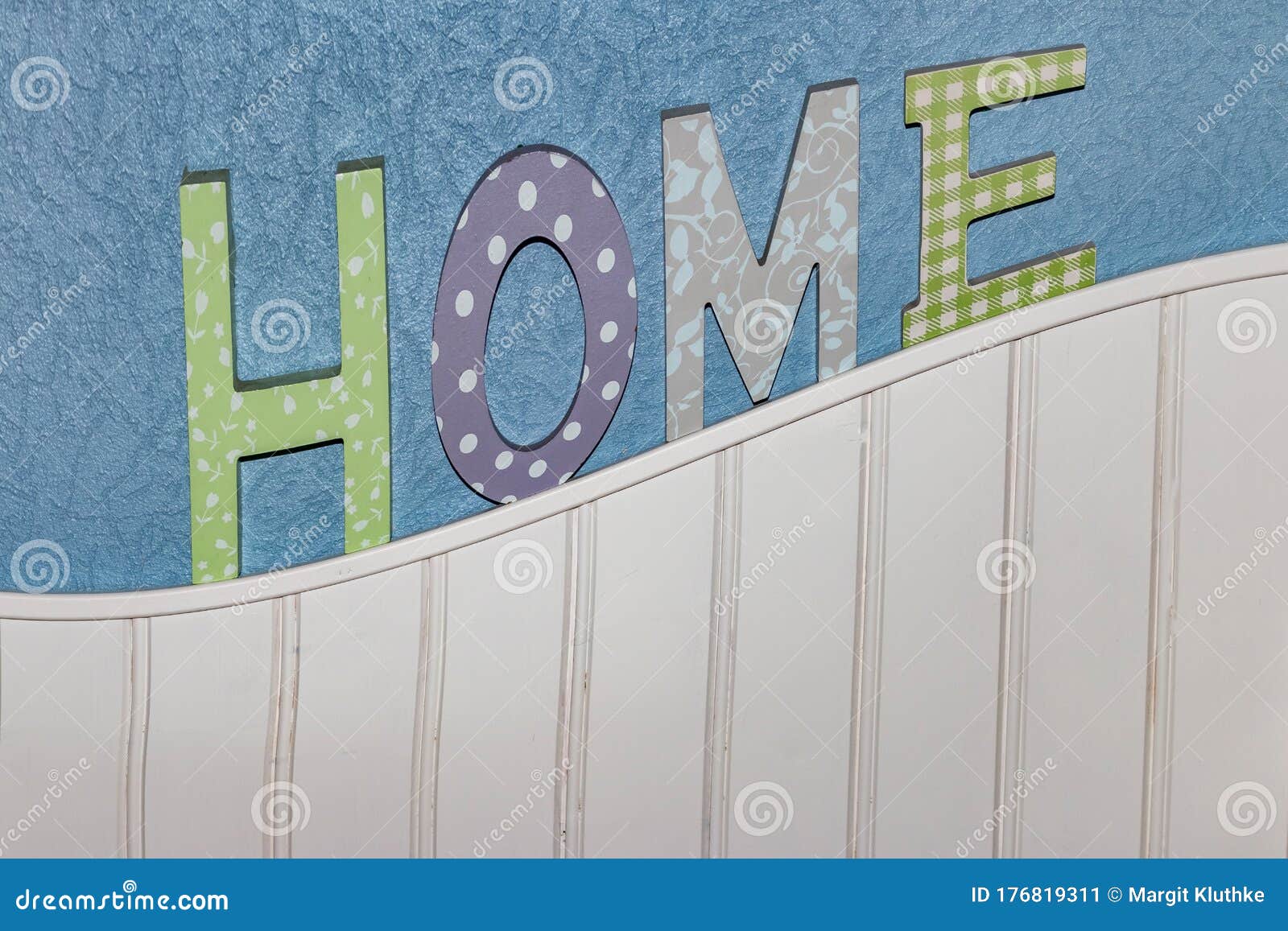 Sign Saying `Home` on a Blue and White Wall Stock Image - Image of copy ...