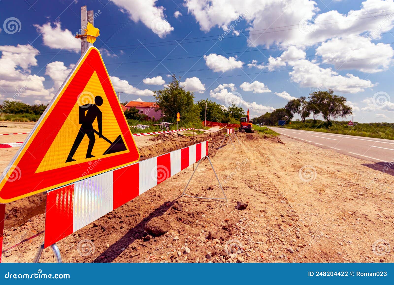 Sign with Symbol of Warning at Construction Zone Area Stock Photo ...