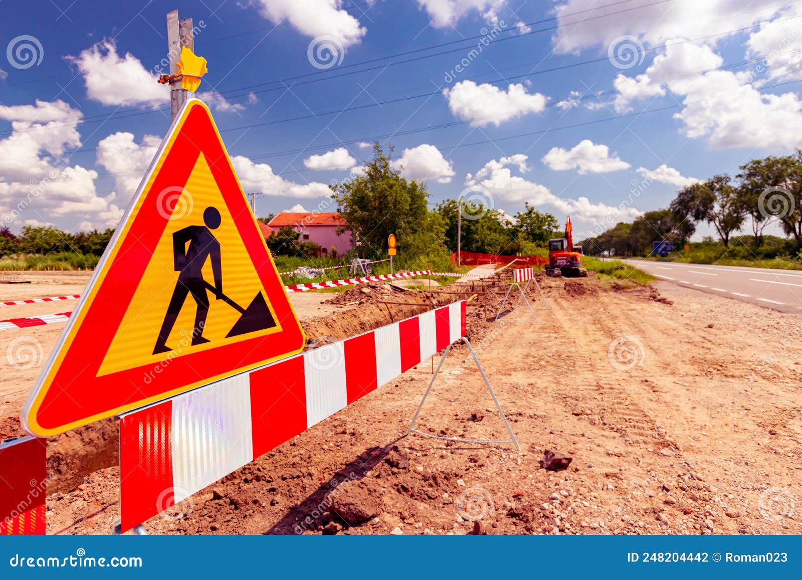 Sign with Symbol of Warning at Construction Zone Area Stock Photo ...