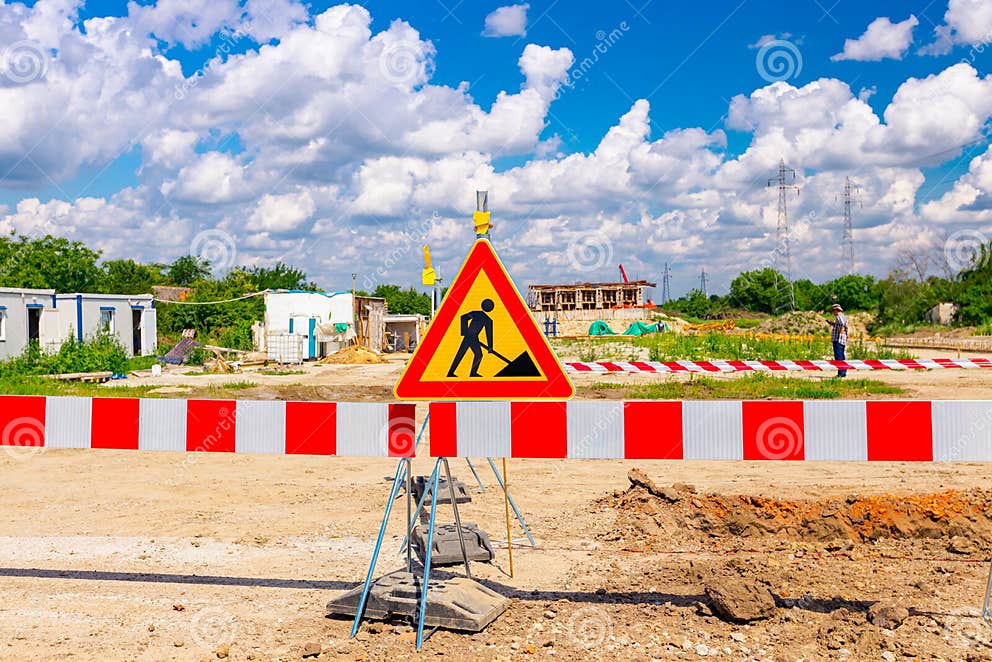 Sign with Symbol of Warning at Construction Zone Area Stock Image ...