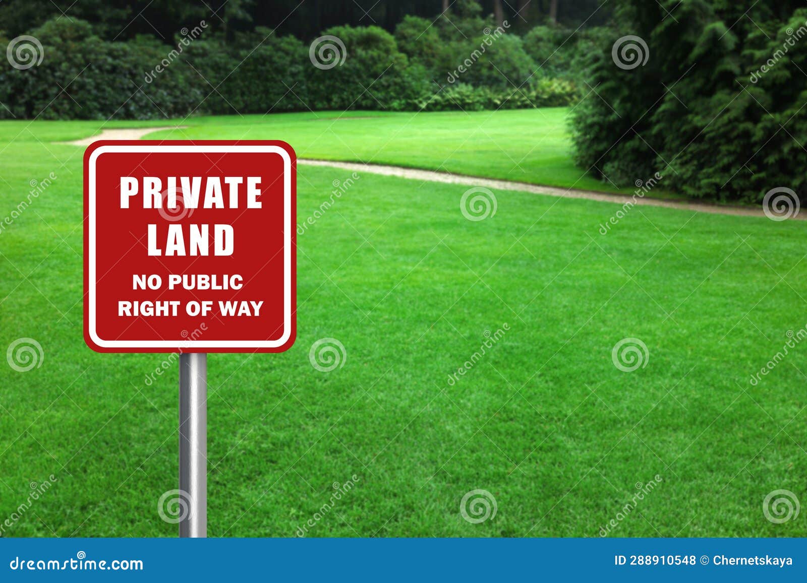 Sign with Text Private Land No Public Right of Way on Green Lawn Stock ... Sign with Text Private Land No Public Right of Way on Green Lawn Stock ...