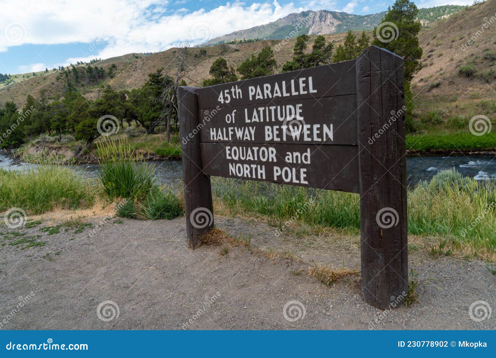 SIgn for 45th Parallel of Latitude in Yellowstone National Park Stock ...