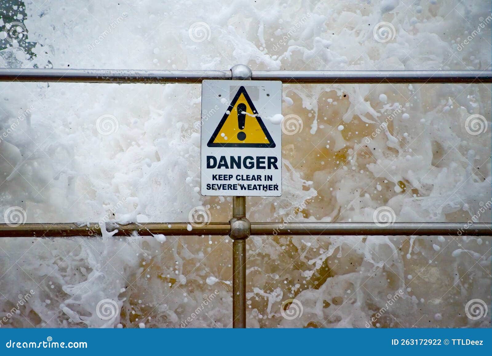 Danger Sign Aginst a Rough Sea with Crashing Waves. Droing Risk. Stock ...