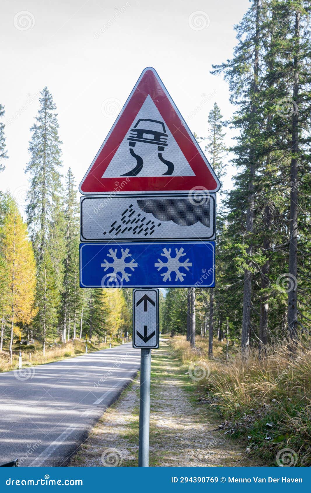 Sign Warning of Snow and Slippery Conditions on the Road Stock Image ...