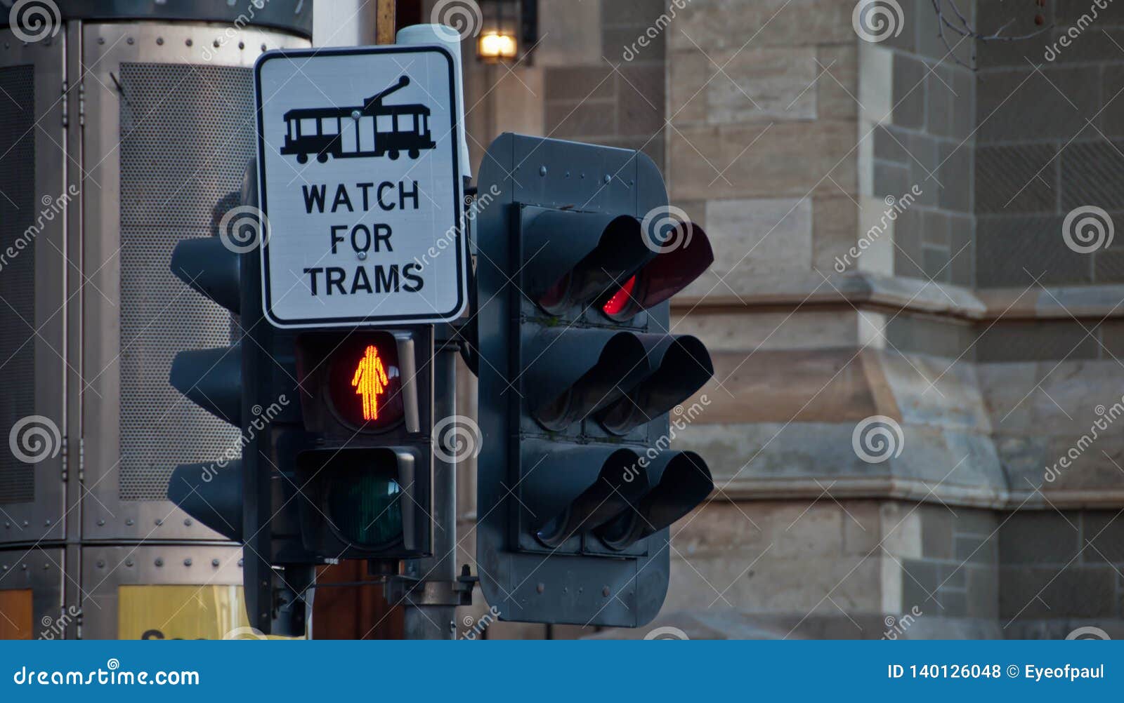 Sign of Watch for Trams with Traffic Light in Melbourne Stock Photo ...