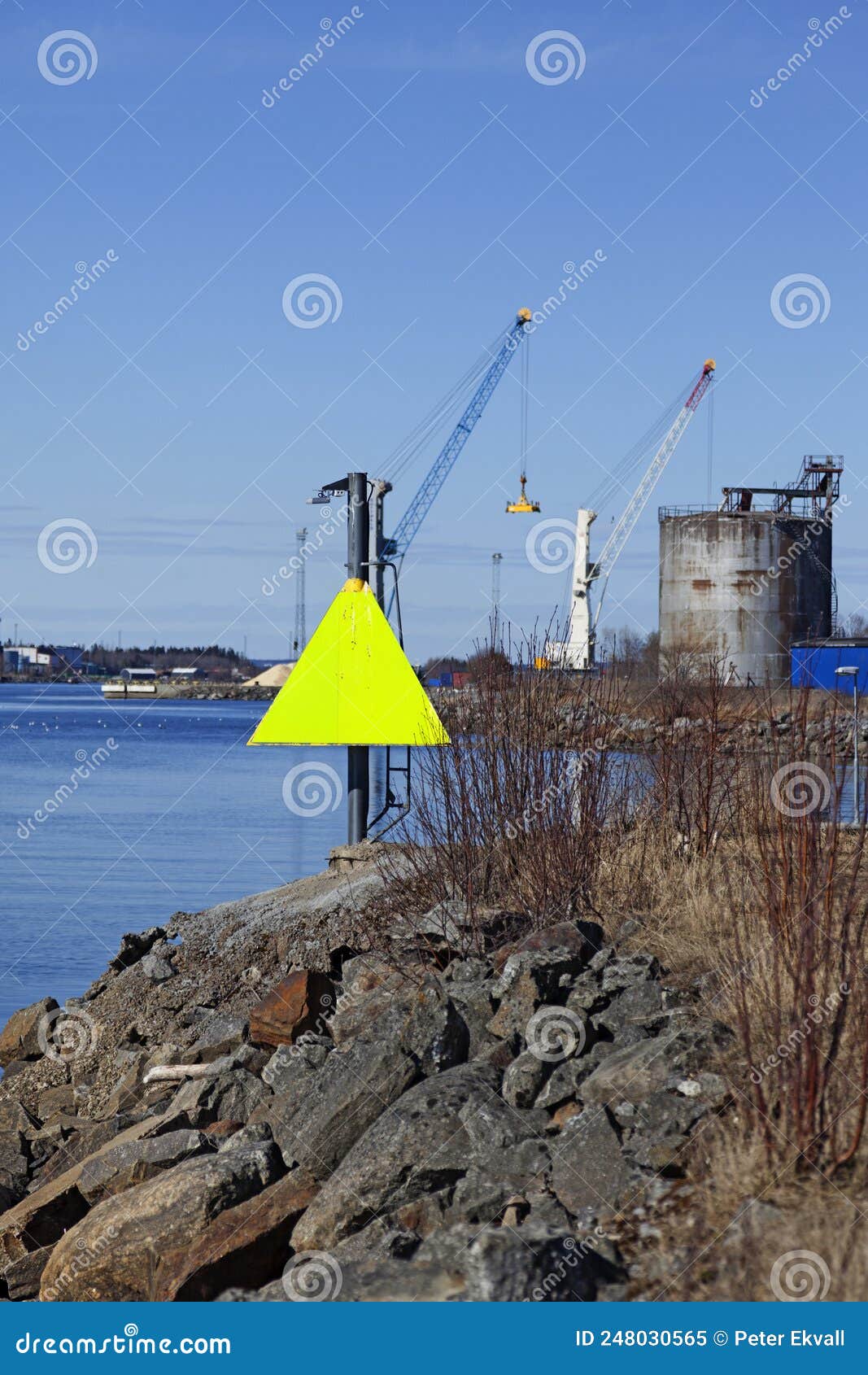 Sign with Yellow Triangle for Shipping at Port Stock Image - Image of ...