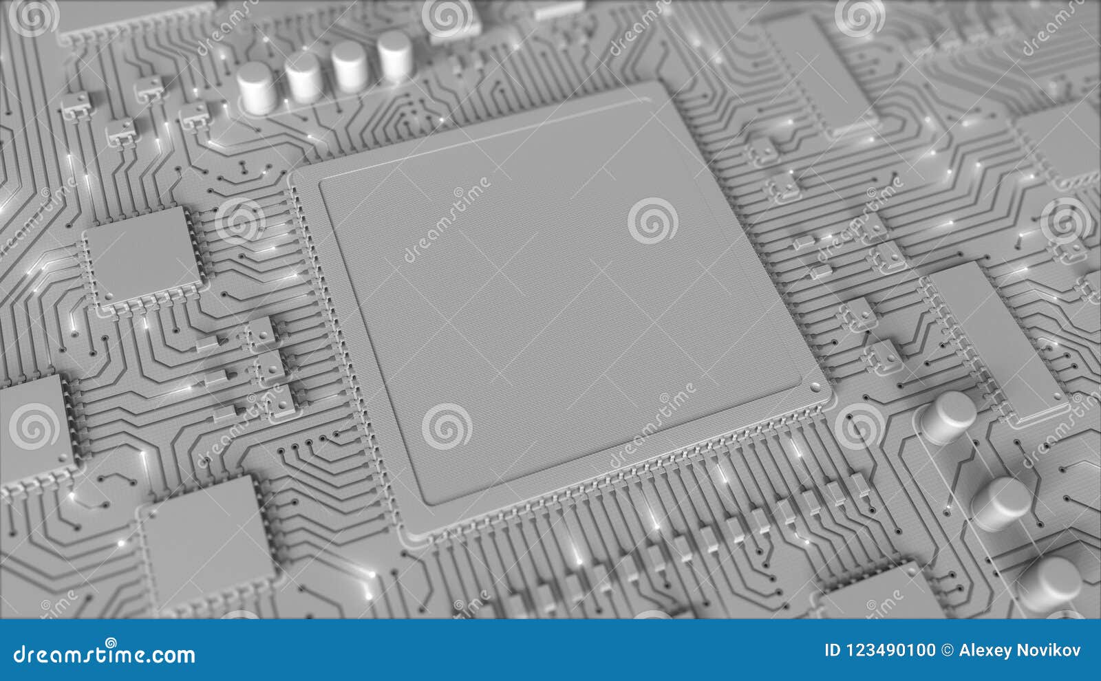 Signals on Blank Grey PCB or Printed Circuit Board. Conceptual 3D ...