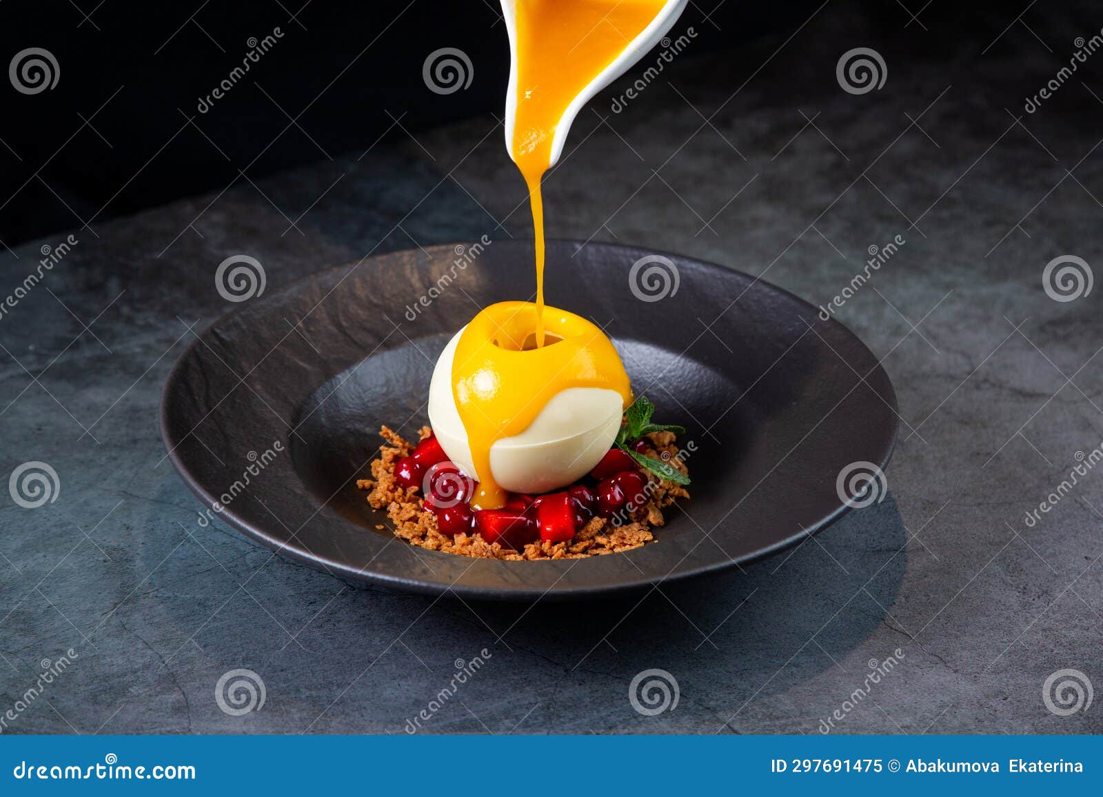 Signature Dessert Laureate with Fruit Syrup Side View Stock Image ...