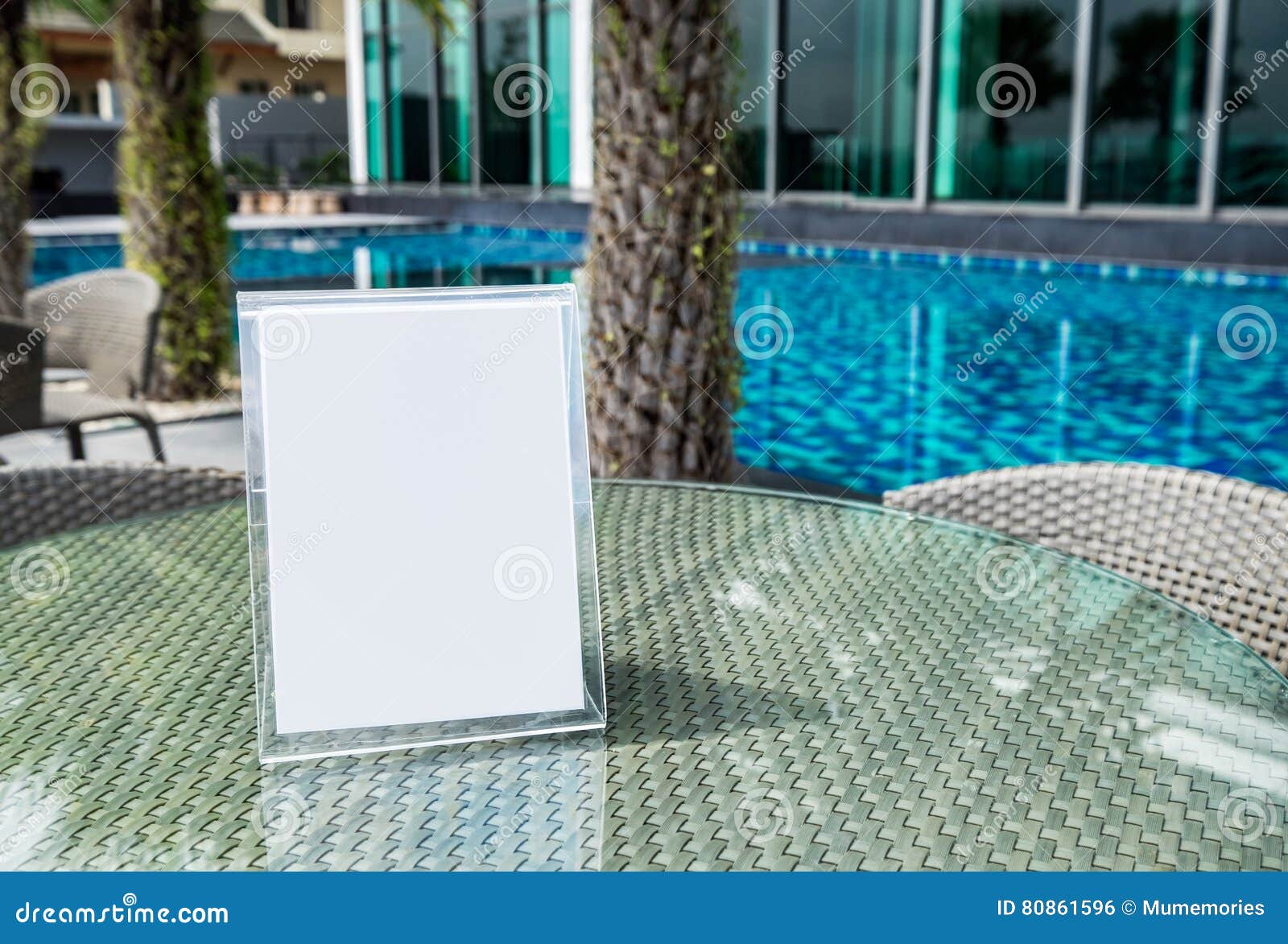 Signboard Blank on Glass Table at Pool Stock Photo - Image of beautiful ...
