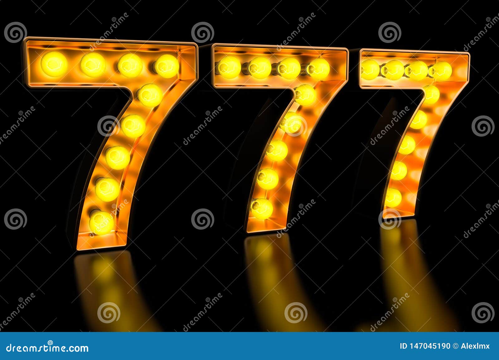 777 Signboard from Golden Light Bulb Letters, Retro Glowing Font. 3D ...