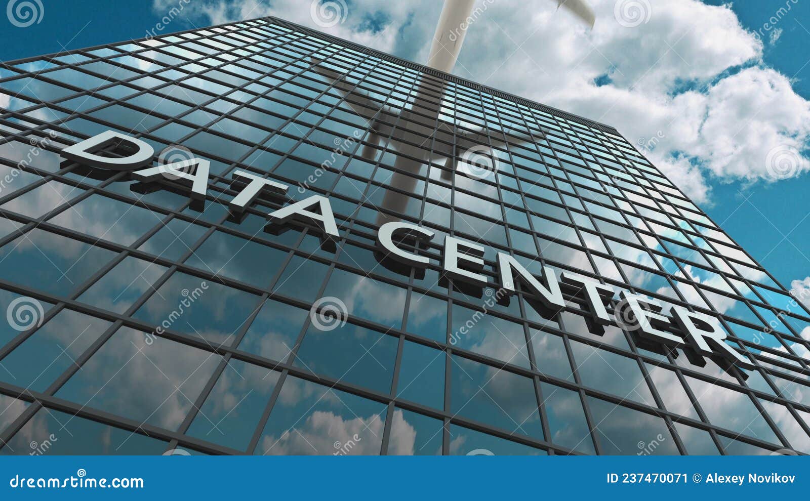 DATA CENTER Signboard on a Modern Skyscraper Reflecting Flying Plane ...