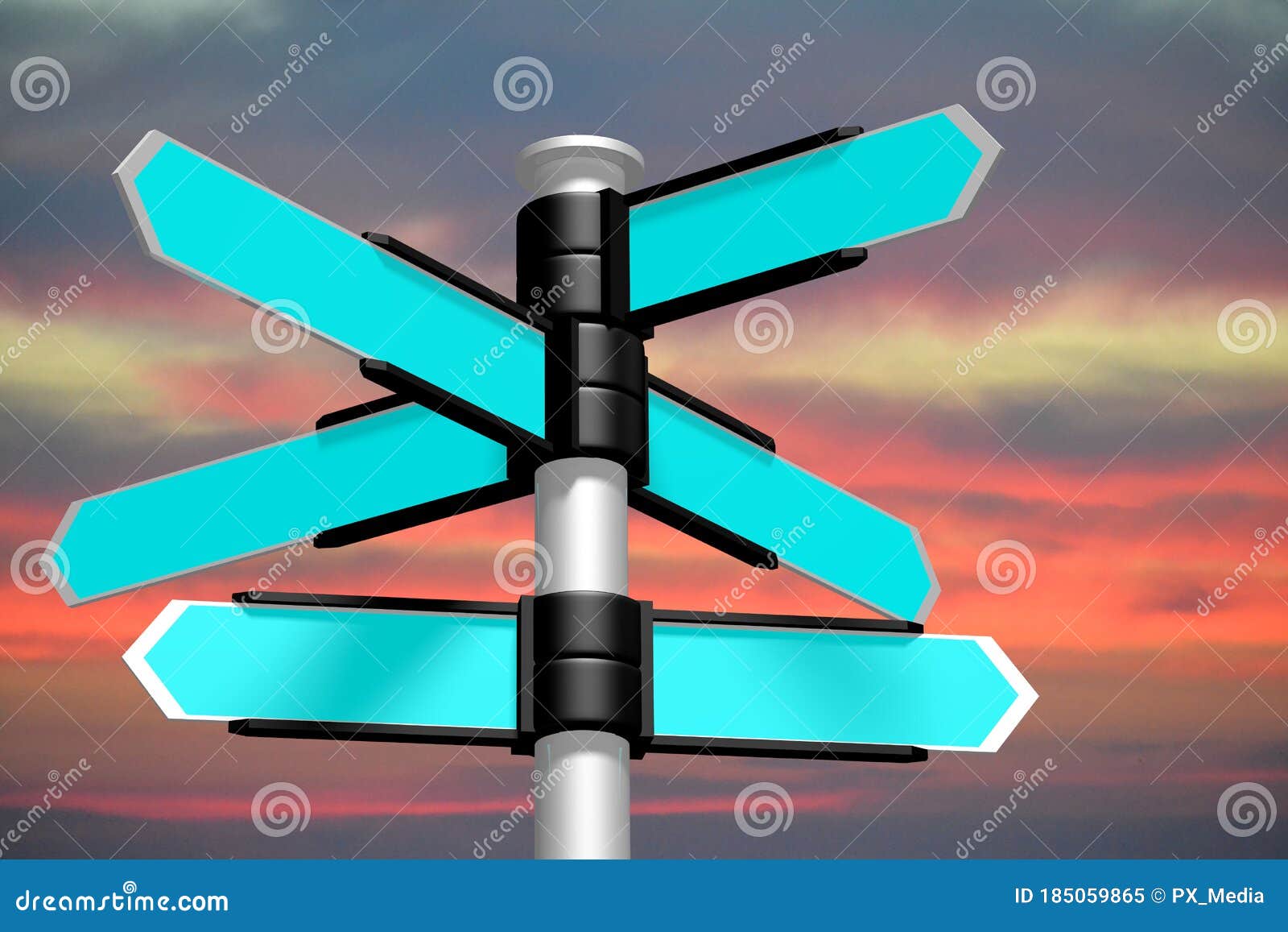 Blue Signpost with Six Arrows, Sunset Sky in Background Stock Image ...