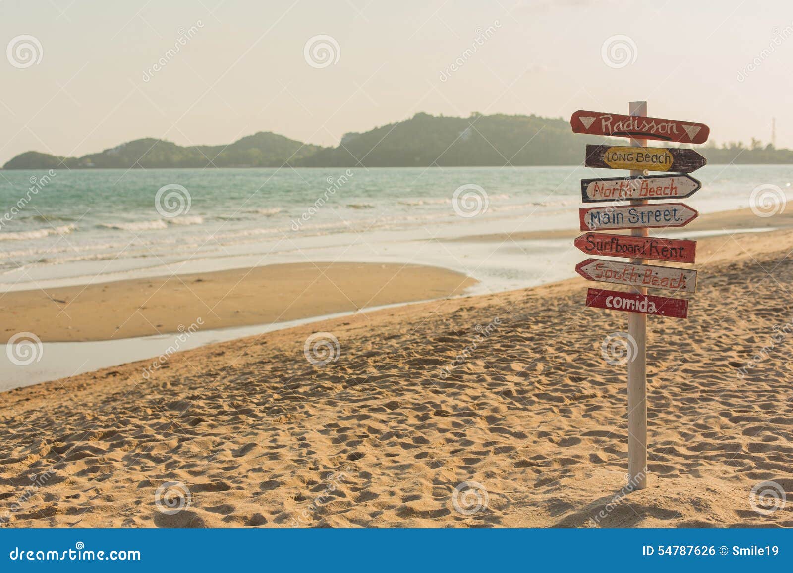 Signpost Made of Wood with the on the Tropical Beach. Stock Photo ...