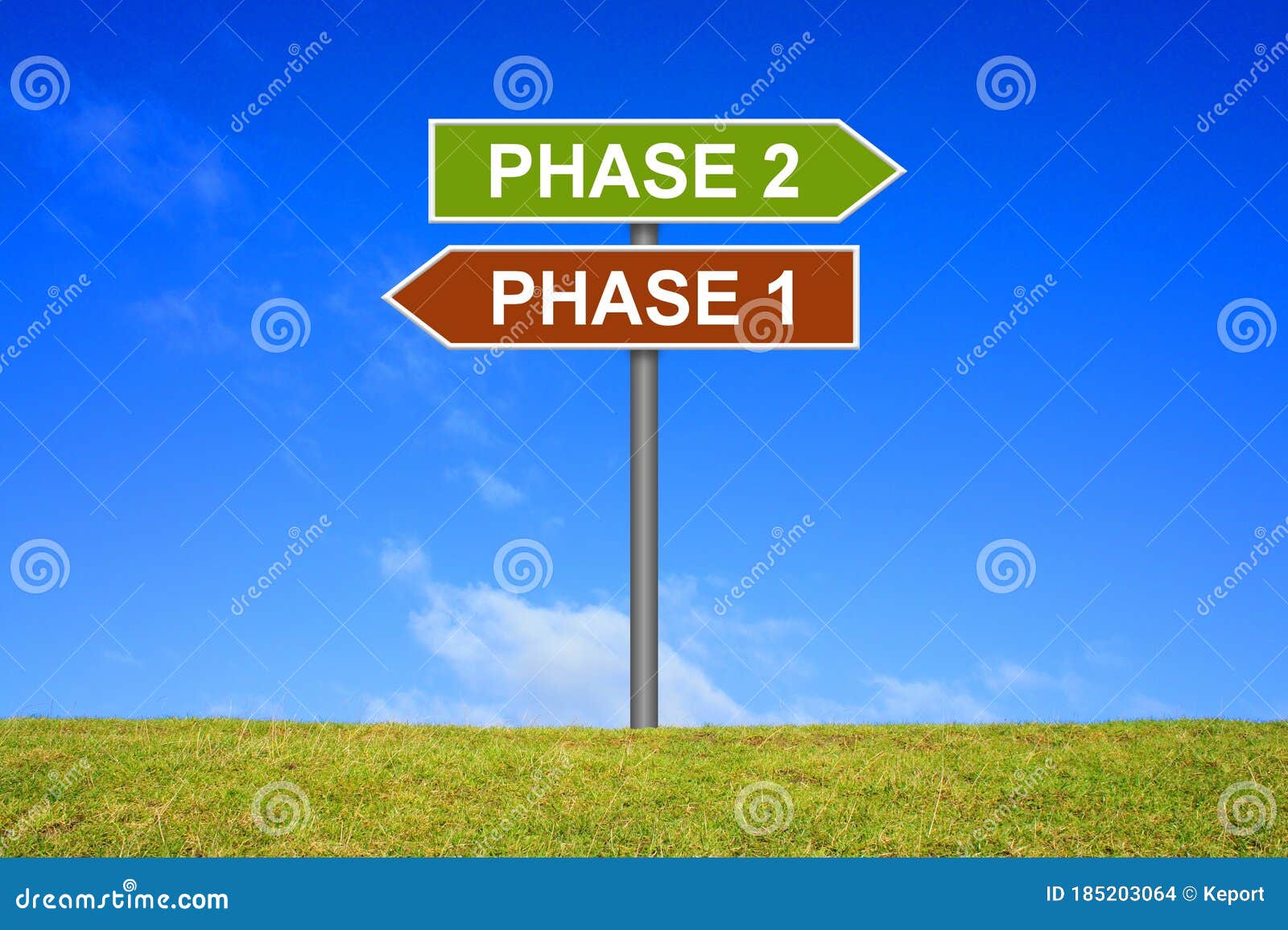Signpost Showing Phase 1 and Phase 2 on Green an Red Arrows Stock Photo ...