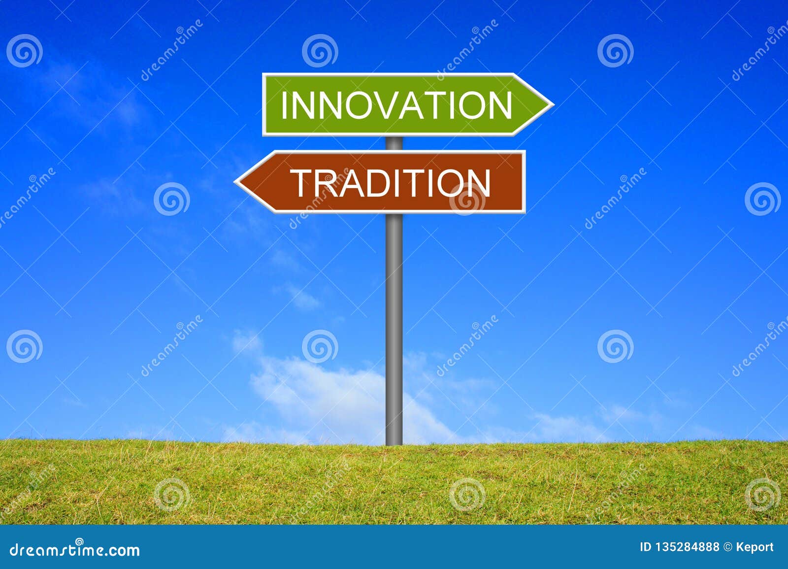 Signpost Showing Tradition and Innovation Stock Photo - Image of road ...