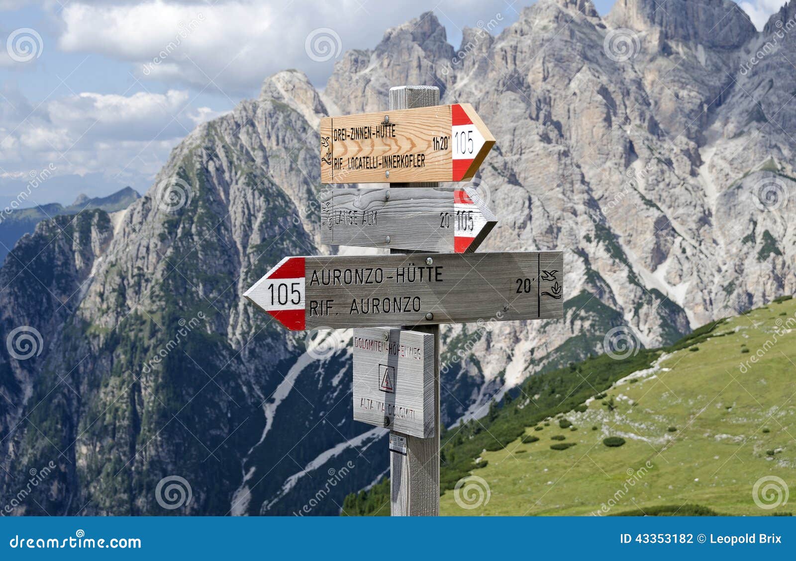 Signpost at the Three Peaks of Lavaredo Stock Photo - Image of cabin ...