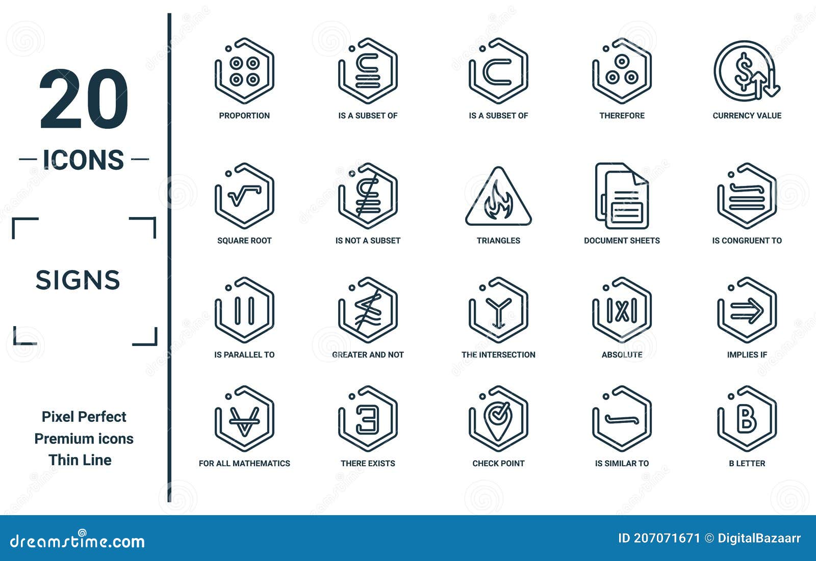 Signs Linear Icon Set. Includes Thin Line Proportion, Square Root, is ...