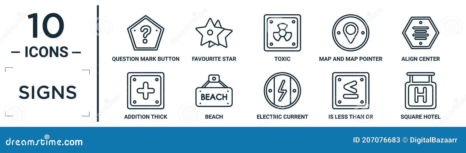 Signs Linear Icon Set. Includes Thin Line Question Mark Button, Toxic ...