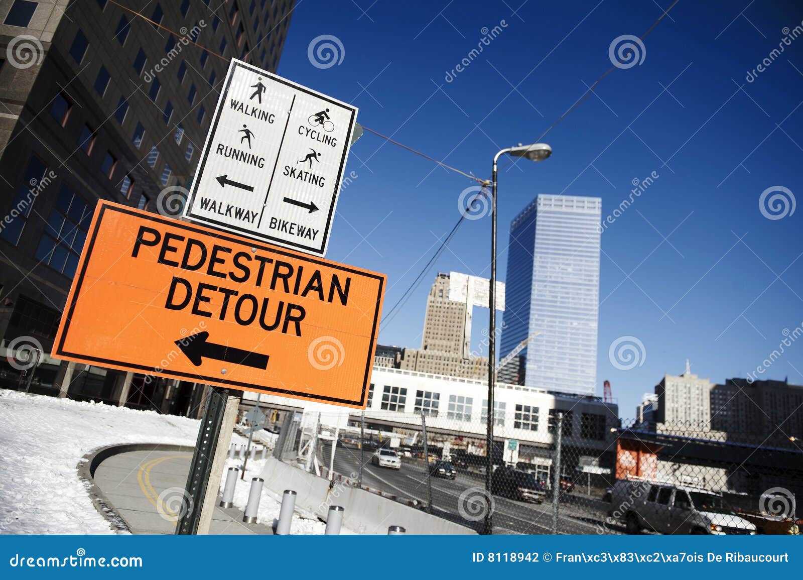 Signs for Pedestrian Detour Stock Photo - Image of skyscraper, urban ...