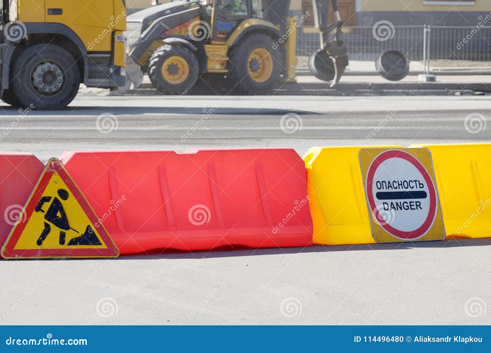 Signs on road works. stock photo. Image of street, transport - 114496480