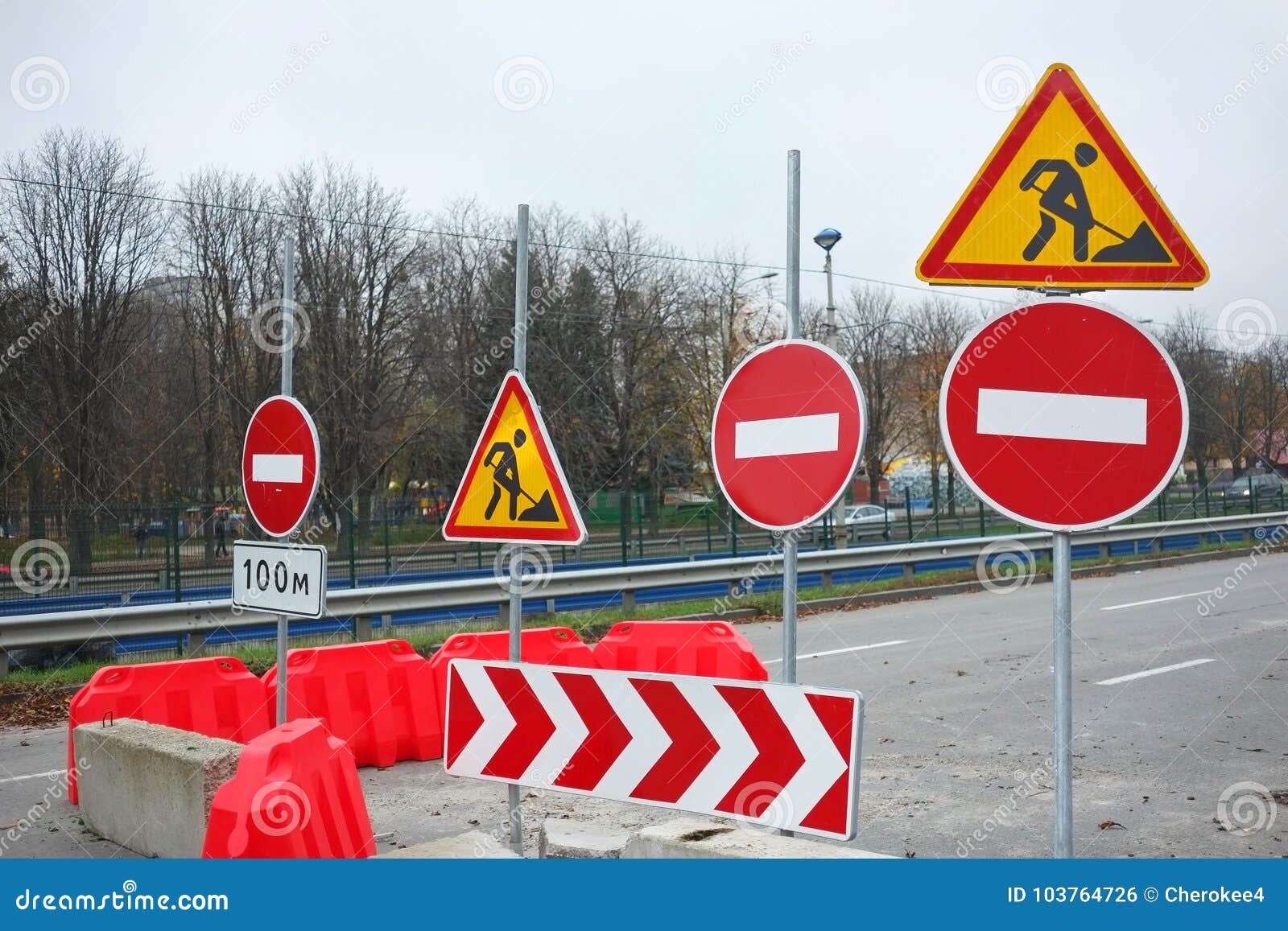 Signs Warning about Road Repair Work. Stock Photo - Image of background ...