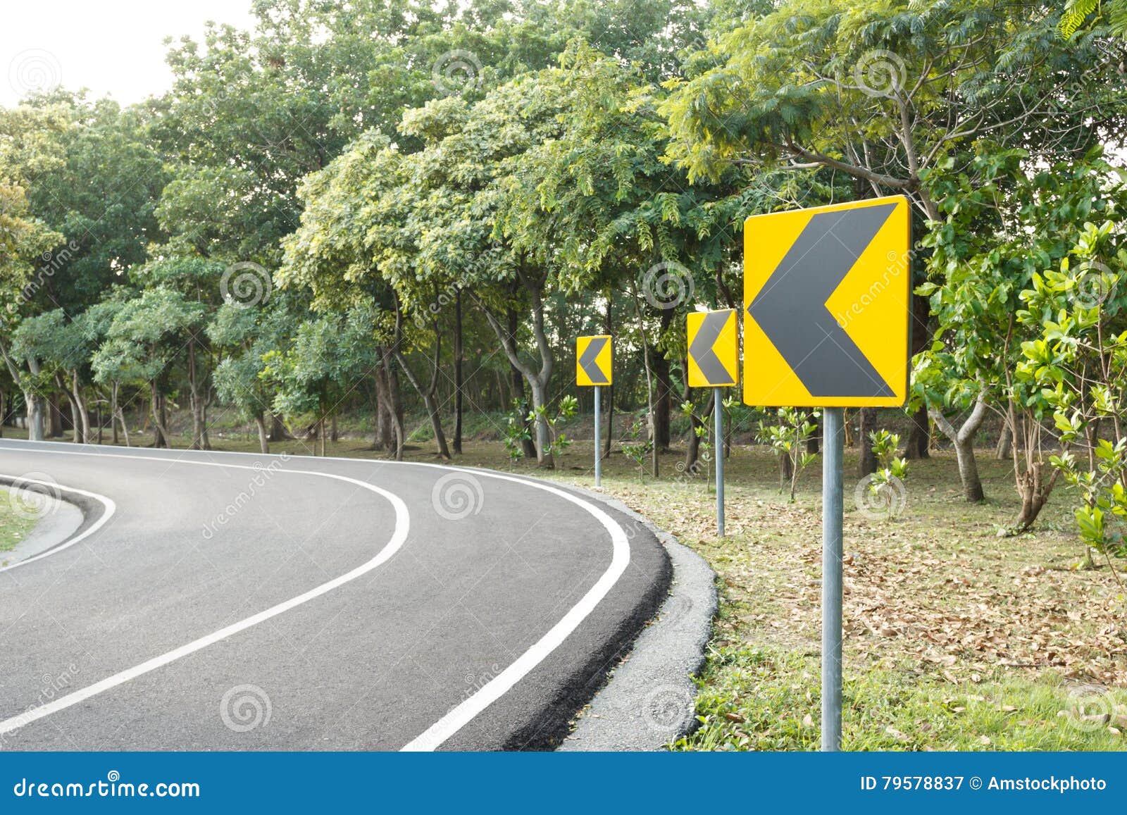 Signs Warning Turn Left of the Curve Road Stock Image - Image of empty ...