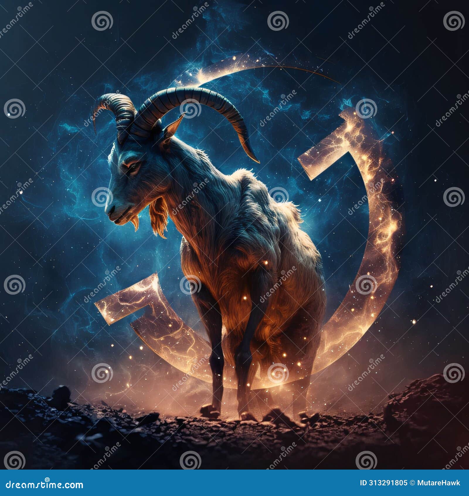 Goat Standing in Front of a Crescent Moon. 3D Rendering Stock ...