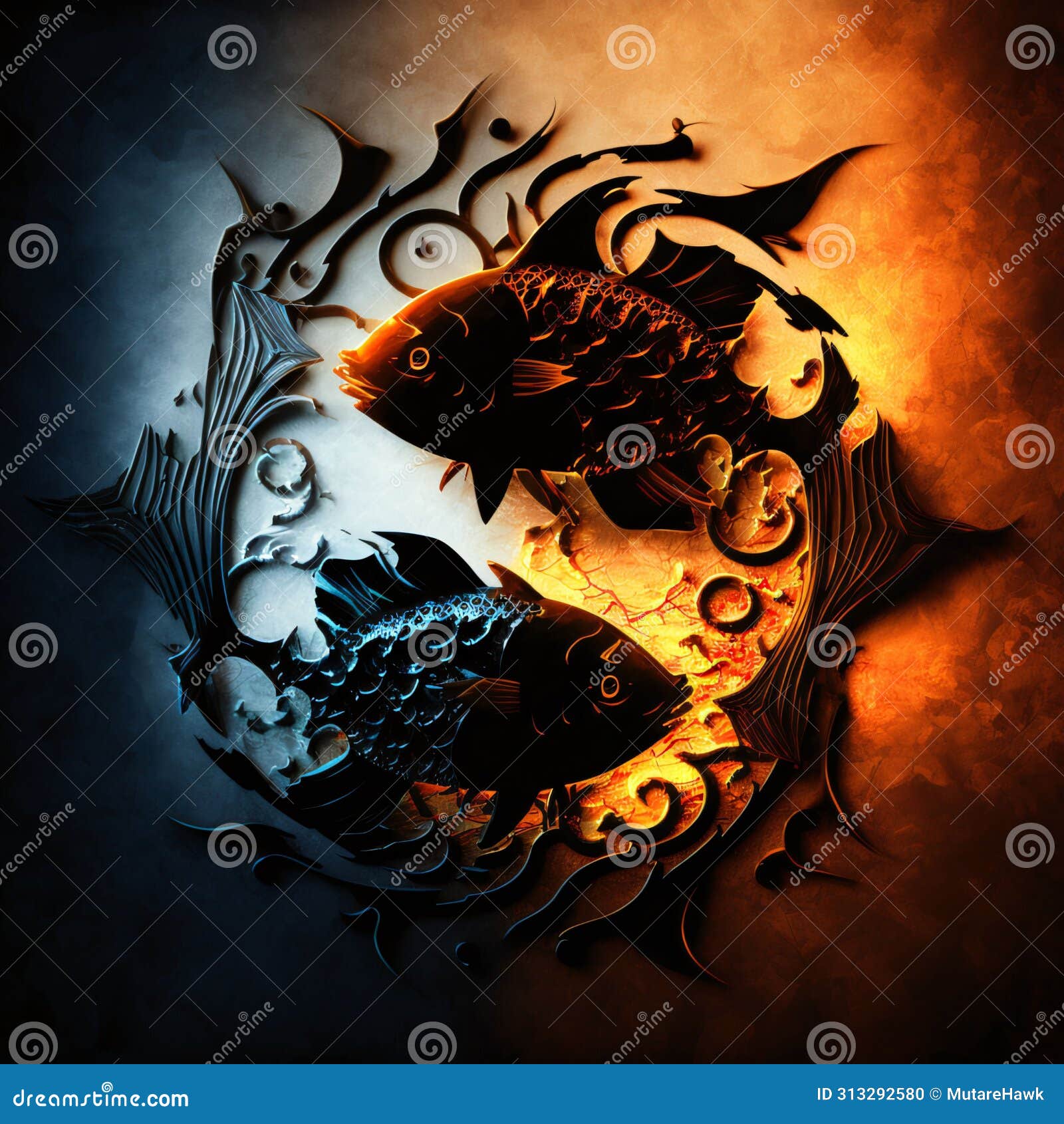 Illustration of Two Fish with Fire Patterns on a Grunge Background ...