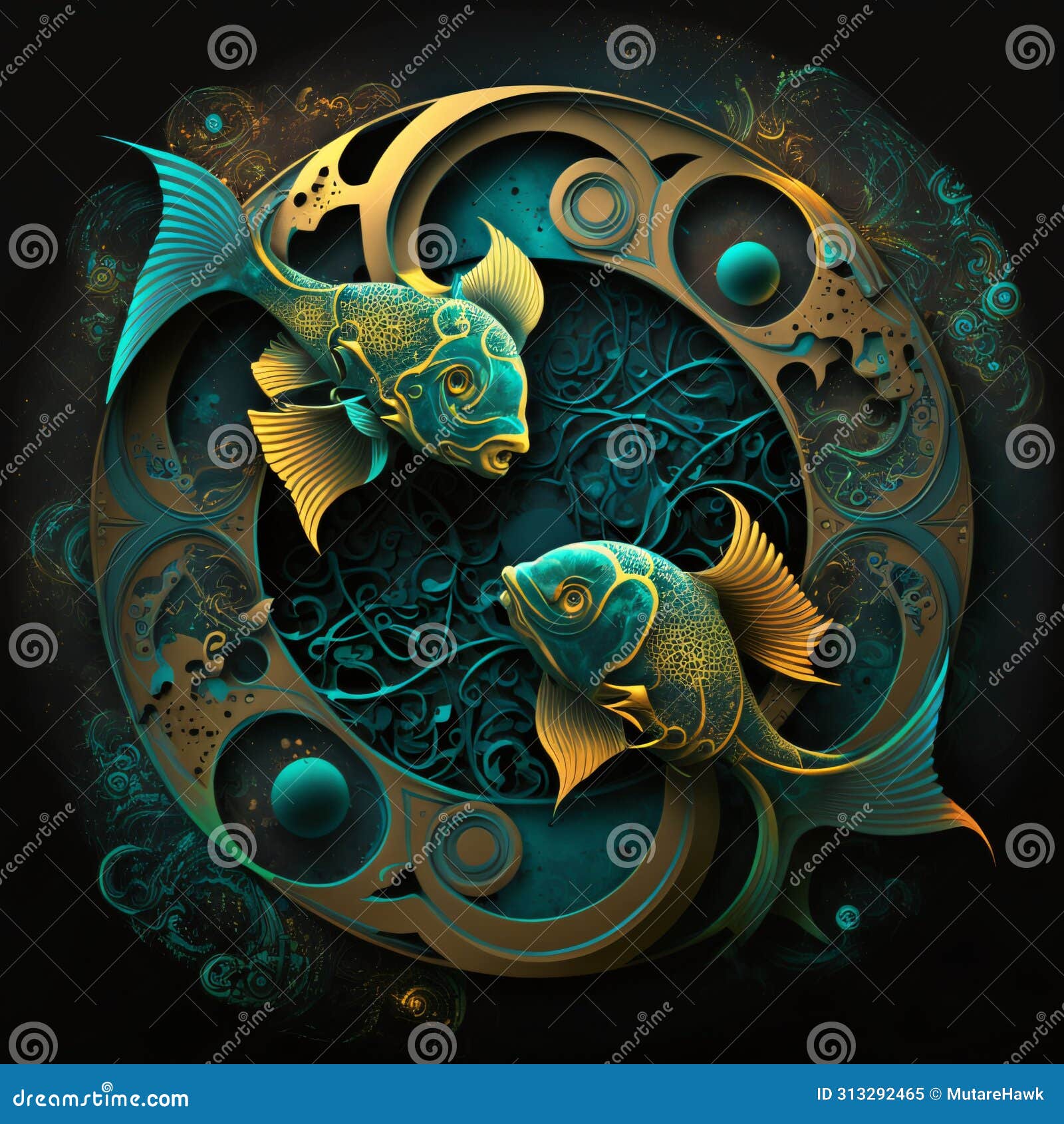 Illustration of Two Fish in the Form of a Circle on a Dark Background ...